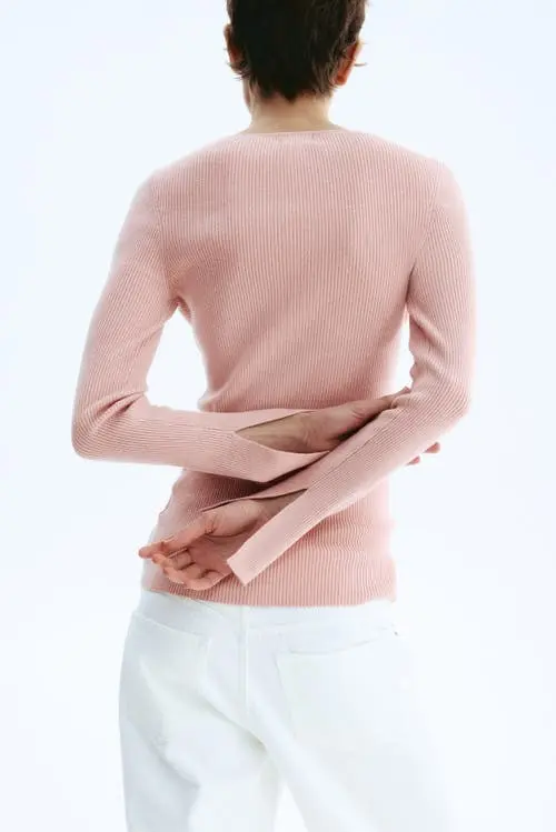 H&m Rib-knit Boat Neck Long Sleeve Top With Cuffed Slits - Light Pink