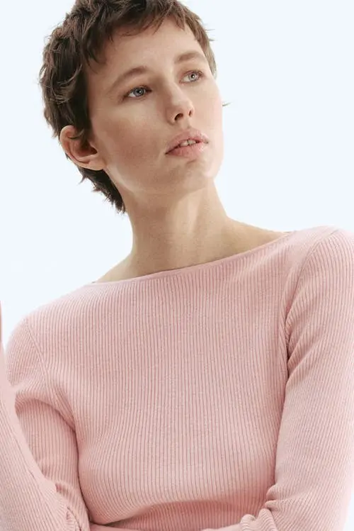 H&m Rib-knit Boat Neck Long Sleeve Top With Cuffed Slits - Light Pink