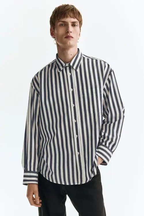 H&m Relaxed Fit Poplin Shirt - Dark Blue/striped