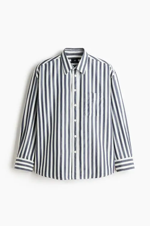 H&m Relaxed Fit Poplin Shirt - Dark Blue/striped
