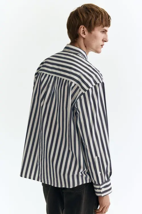 H&m Relaxed Fit Poplin Shirt - Dark Blue/striped