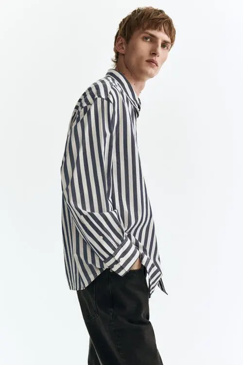 H&m Relaxed Fit Poplin Shirt - Dark Blue/striped