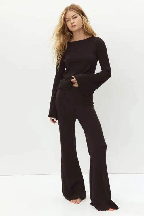 H&m Rib-knit Linen-blend Top With Boat Neckline And Trumpet Sleeves