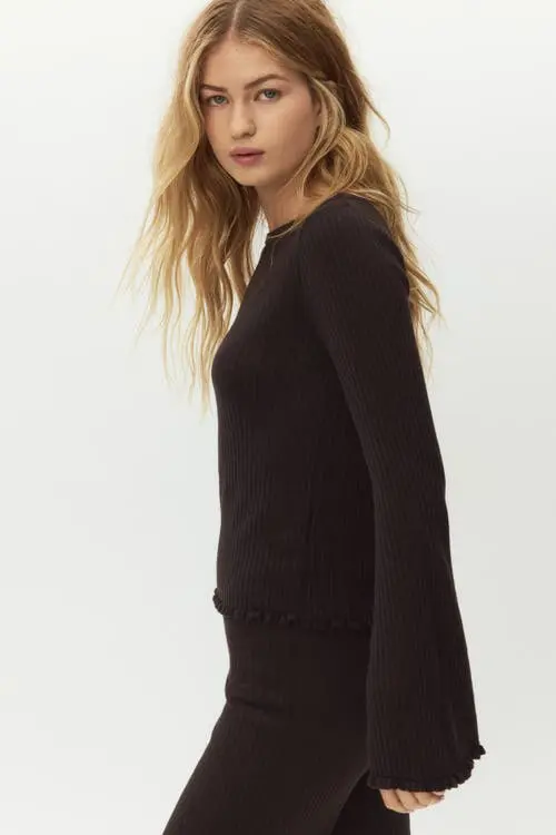 H&m Rib-knit Linen-blend Top With Boat Neckline And Trumpet Sleeves