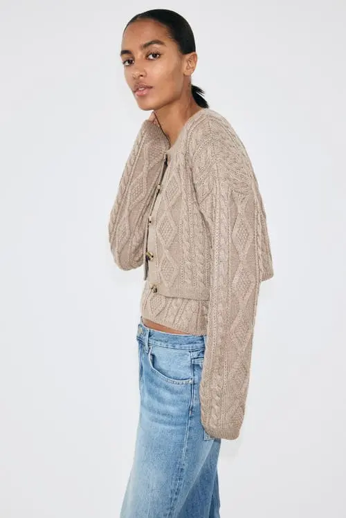 H&m Cable-knit Cropped Cardigan With Round Neckline