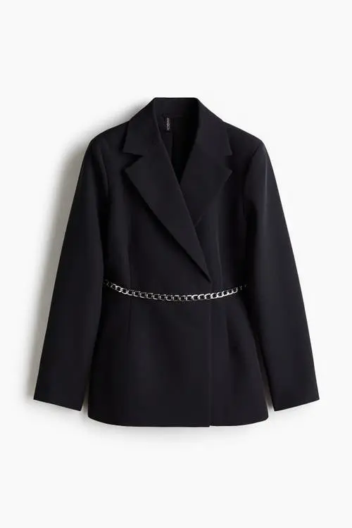 H&m Belted Blazer With Notched Lapel - Black
