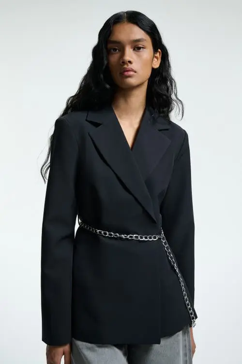 H&m Belted Blazer With Notched Lapel - Black