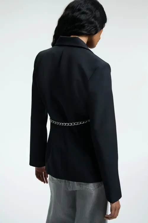 H&m Belted Blazer With Notched Lapel - Black