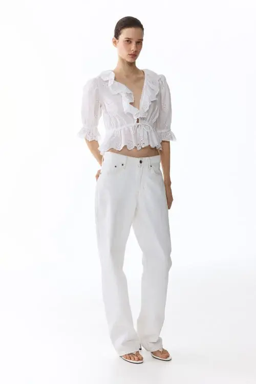 H&m Broderie Anglaise Cotton Blouse With Scalloped Edges