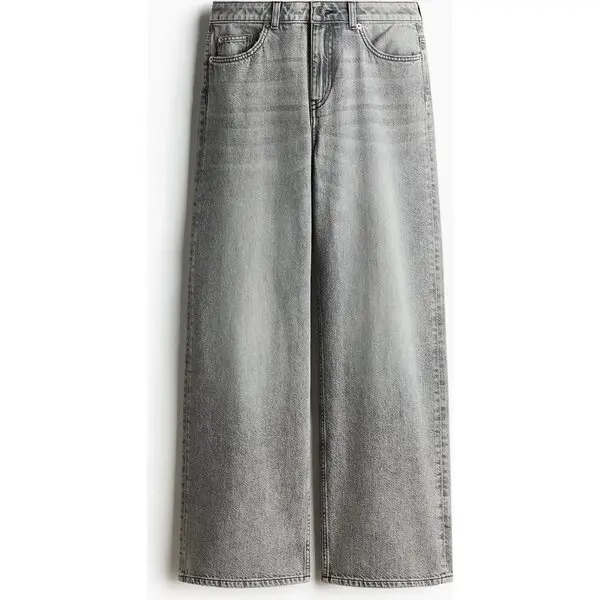 H&m Baggy High Waist Jeans With Ripped Knees - Light Gray