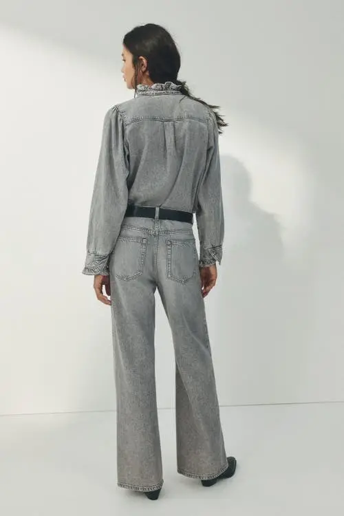 H&m Baggy High Waist Jeans With Ripped Knees - Light Gray