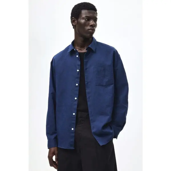 H&M Relaxed Fit Linen-blend Shirt - Dark Blue