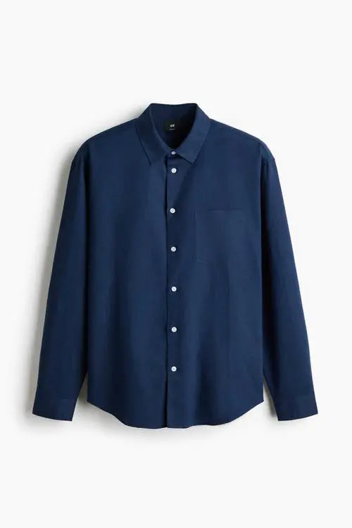 H&M Relaxed Fit Linen-blend Shirt - Dark Blue