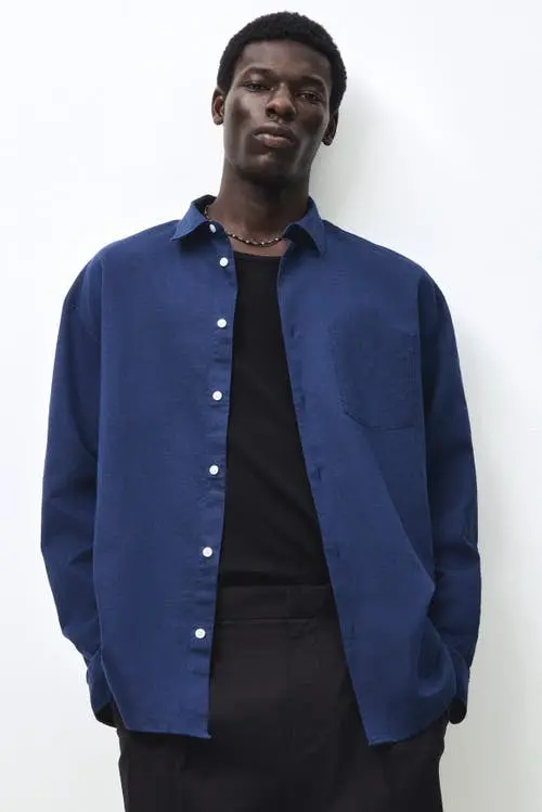 H&M Relaxed Fit Linen-blend Shirt - Dark Blue