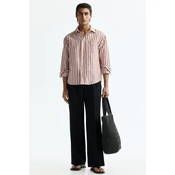 H&m Relaxed Fit Linen-blend Shirt - Rust Red/striped