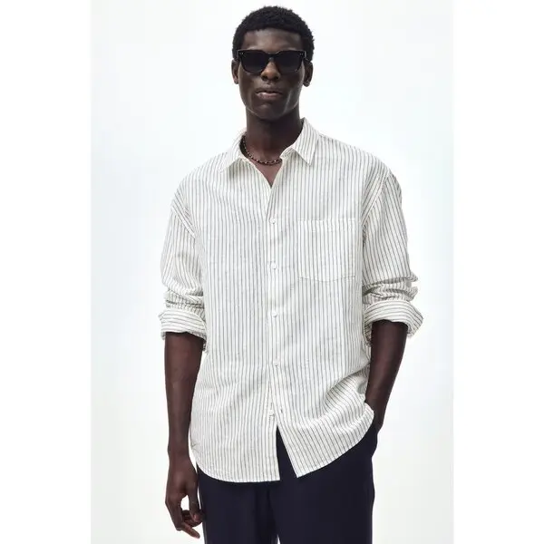 H&M Relaxed Fit Linen-blend Shirt - White/striped