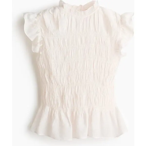 H&m Smocked Peplum Top With Frill Collar - White
