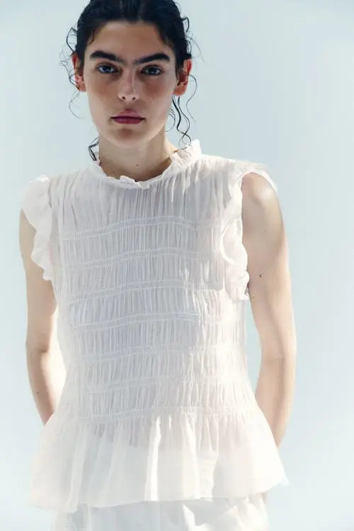 H&m Smocked Peplum Top With Frill Collar - White