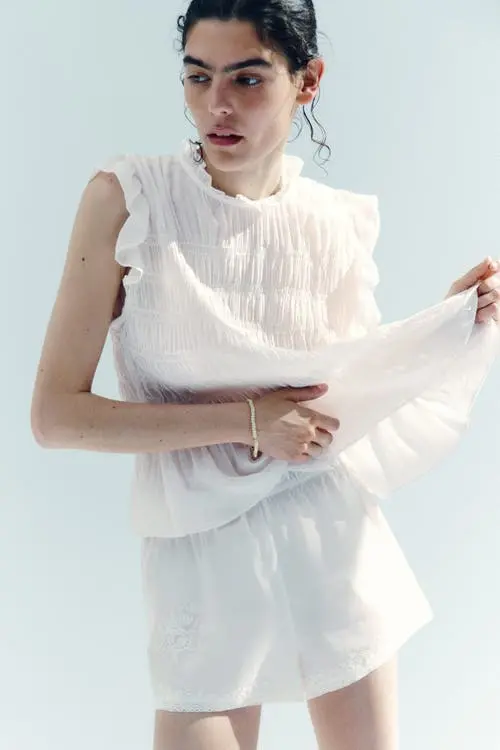 H&m Smocked Peplum Top With Frill Collar - White