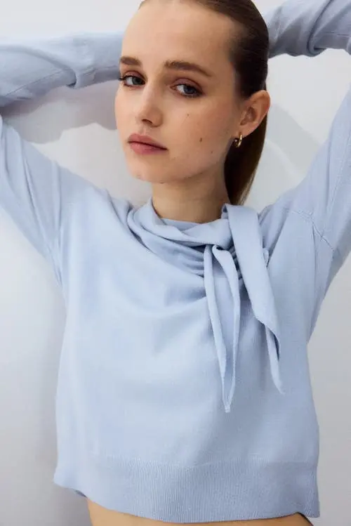 H&m Scarf Collar Fine Knit Jumper - Light Blue