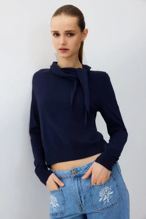 H&m Scarf Collar Fine Knit Jumper - Navy Blue