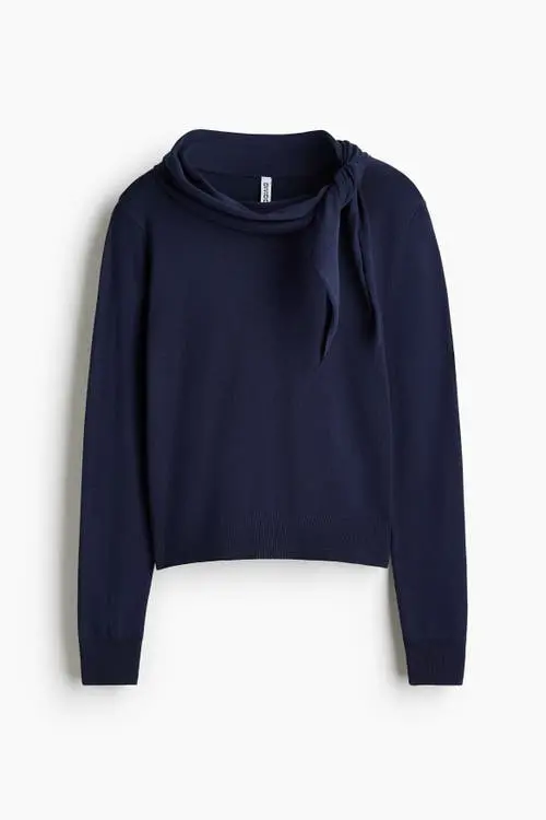 H&m Scarf Collar Fine Knit Jumper - Navy Blue