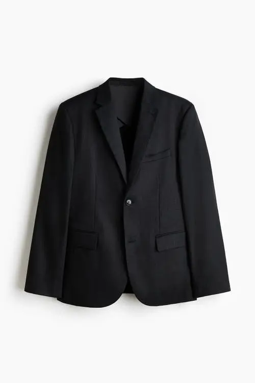 H&m Slim Fit Linen Single-breasted Blazer With Notch Lapels - Black