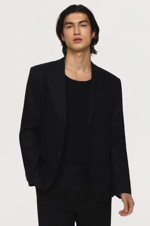 H&m Slim Fit Linen Single-breasted Blazer With Notch Lapels - Black