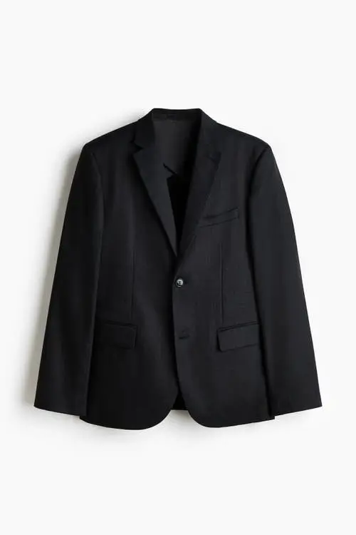H&m Slim Fit Linen Single-breasted Blazer With Notch Lapels - Black