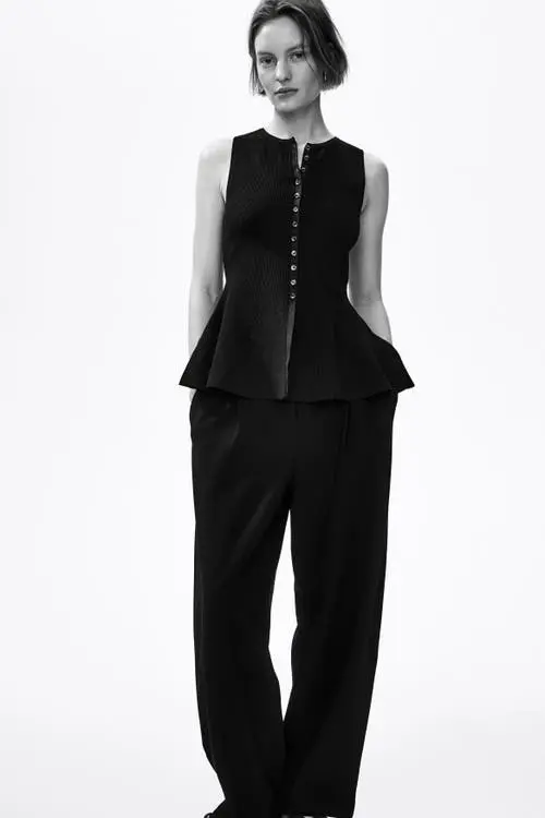 H&m Rib-knit Peplum Waistcoat With Button Front