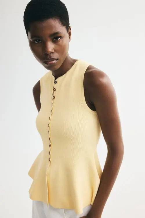 H&m Rib-knit Peplum Waistcoat With Button Front - Light Yellow