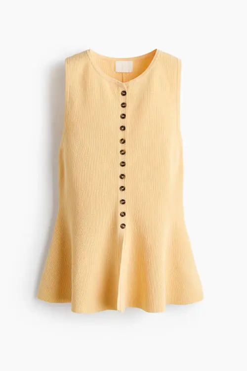 H&m Rib-knit Peplum Waistcoat With Button Front - Light Yellow