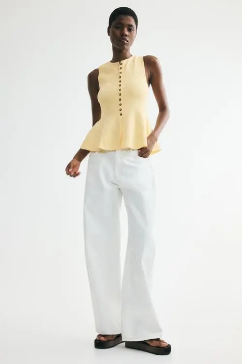 H&m Rib-knit Peplum Waistcoat With Button Front - Light Yellow