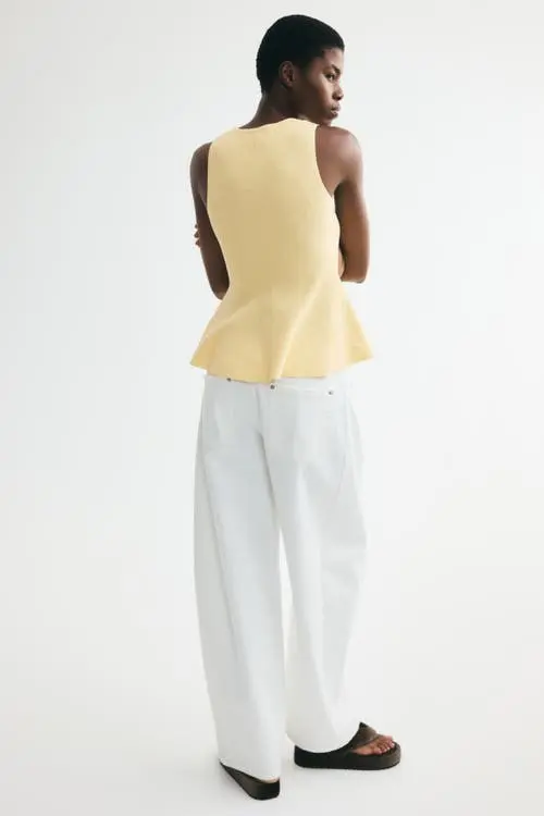 H&m Rib-knit Peplum Waistcoat With Button Front - Light Yellow
