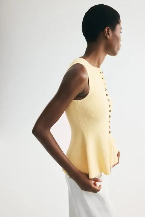 H&m Rib-knit Peplum Waistcoat With Button Front - Light Yellow
