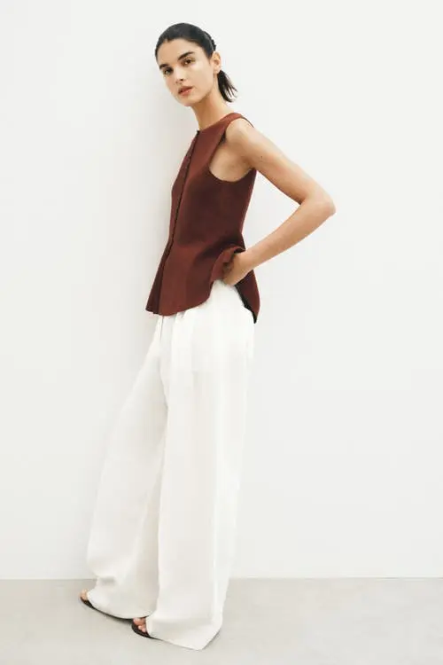 H&m Rib-knit Peplum Waistcoat With Button Front - Rust Brown