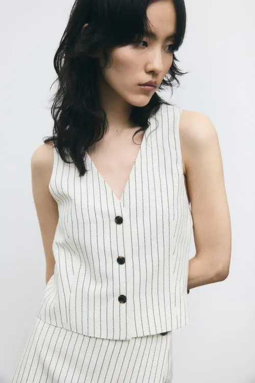 H&m Short Waistcoat - Cream/striped