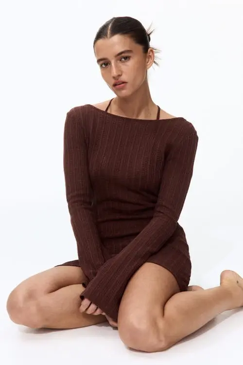 H&m Textured Knit Boat Neck Beach Dress - Dark Brown