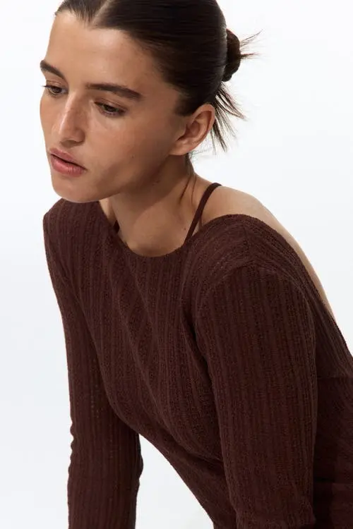 H&m Textured Knit Boat Neck Beach Dress - Dark Brown