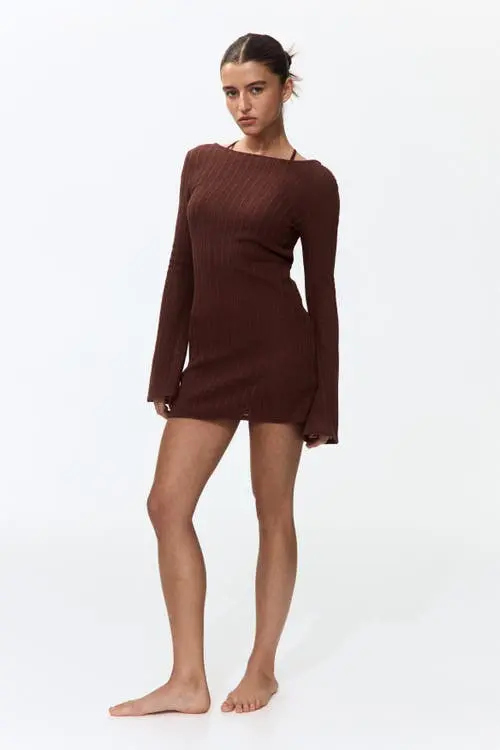 H&m Textured Knit Boat Neck Beach Dress - Dark Brown