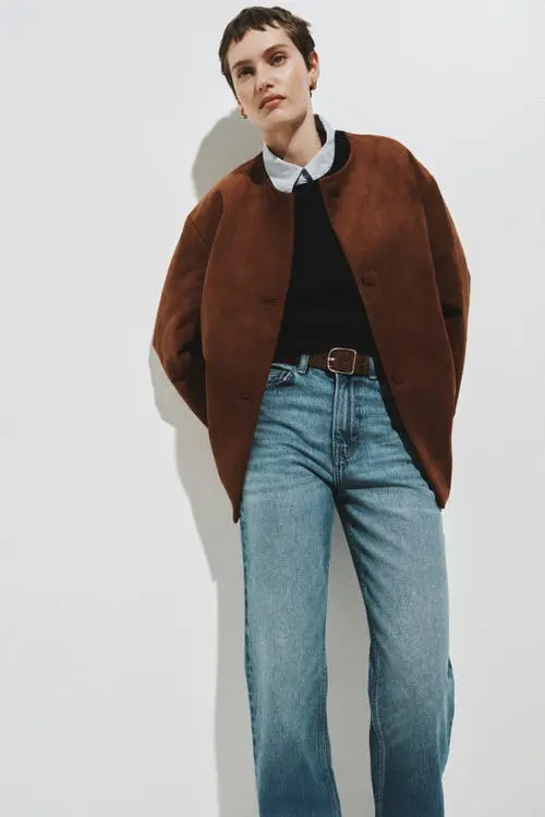 H&m Collarless Oversized Jacket - Brown