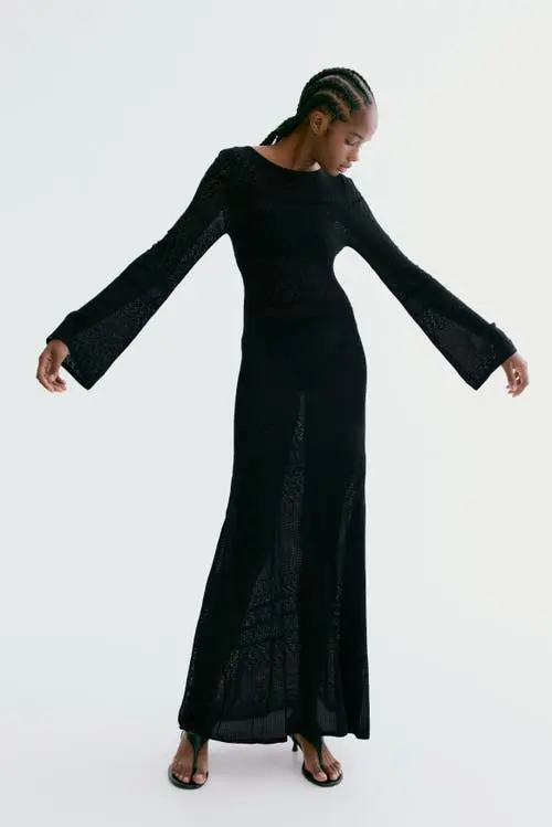 H&m Pointelle-knit Maxi Dress With Trumpet Sleeves - Black