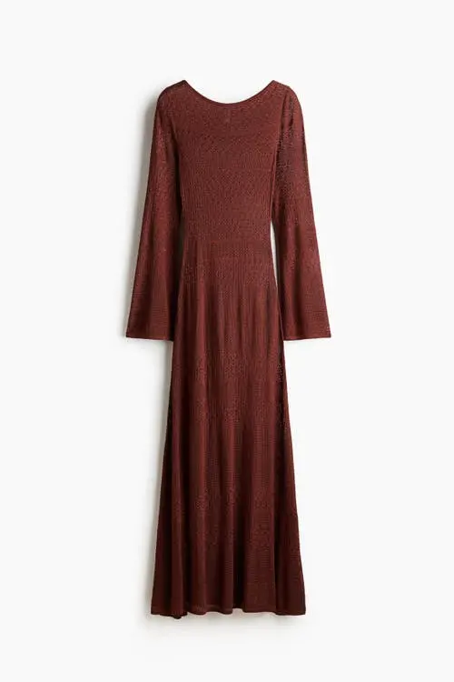 H&M Pointelle-knit Maxi Dress With Trumpet Sleeves - Brown