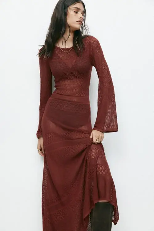 H&M Pointelle-knit Maxi Dress With Trumpet Sleeves - Brown