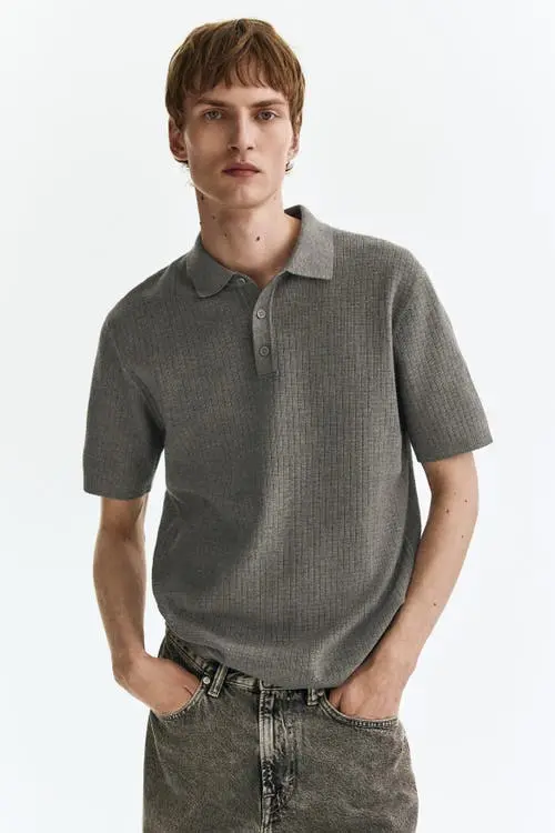 H&m Regular Fit Textured-knit Polo Shirt - Gray