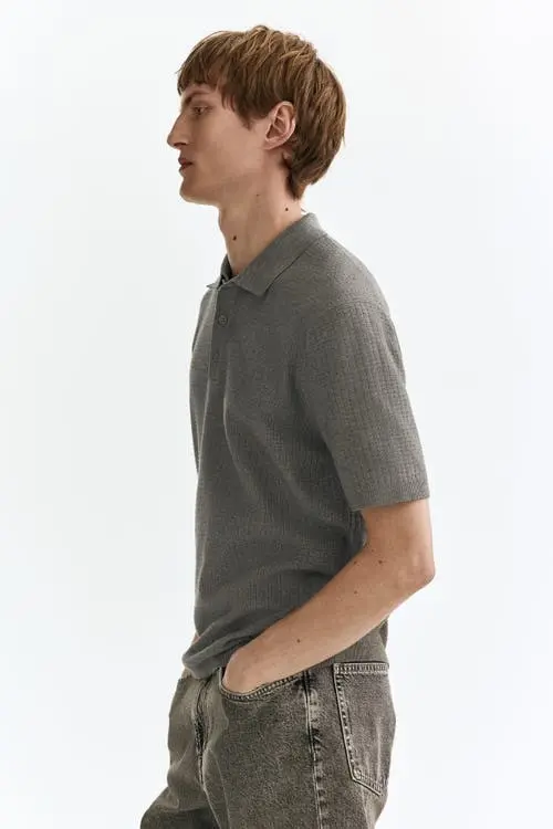 H&m Regular Fit Textured-knit Polo Shirt - Gray
