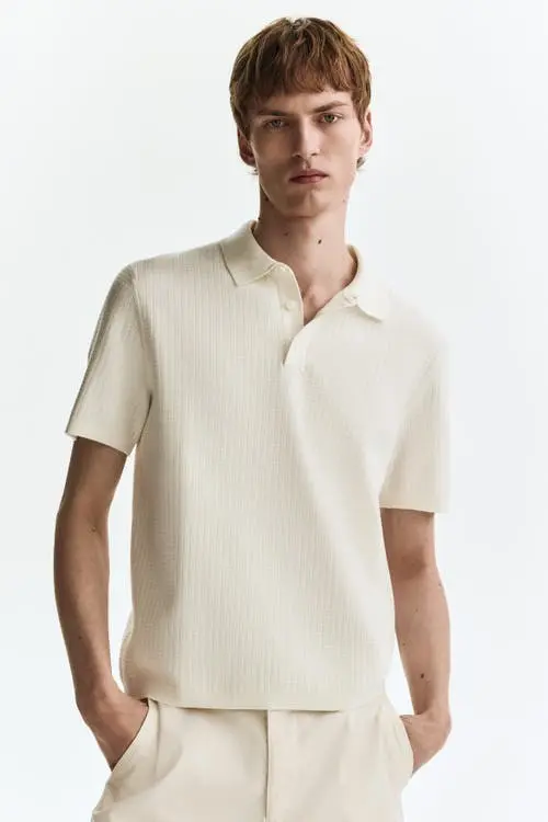 H&M Regular Fit Textured-knit Polo Shirt - White