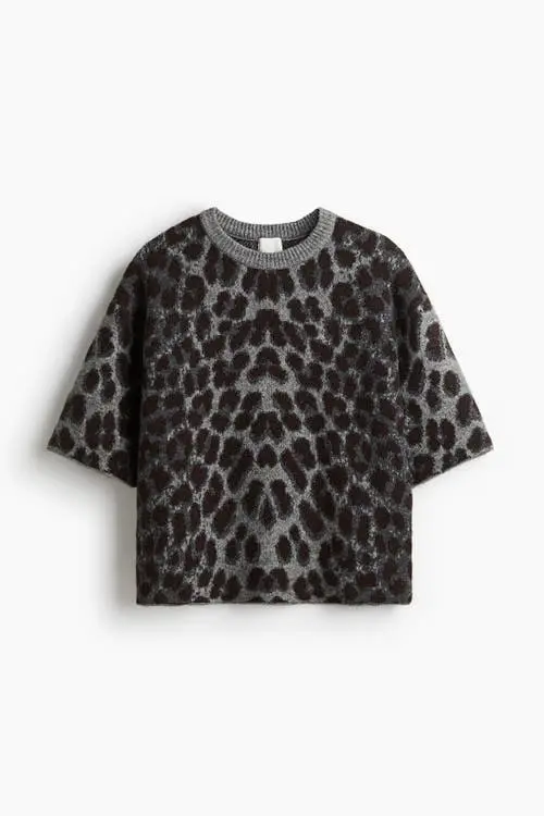 H&M Boxy Jacquard-knit Jumper With Ribbed Neckline - Gray/leopard Print
