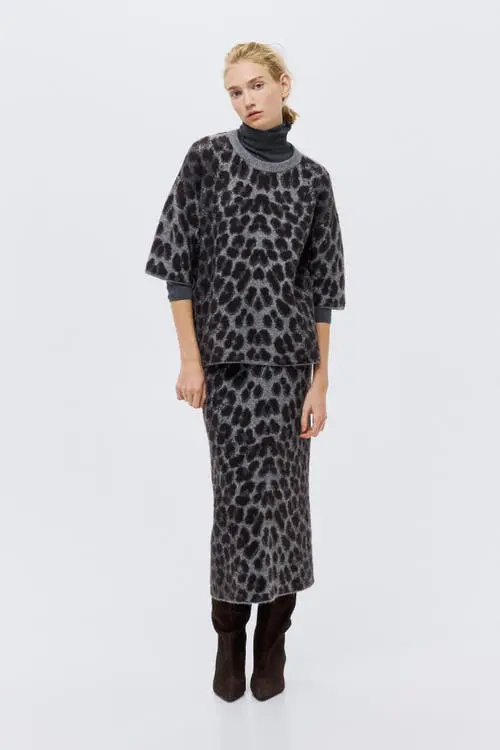 H&M Boxy Jacquard-knit Jumper With Ribbed Neckline - Gray/leopard Print