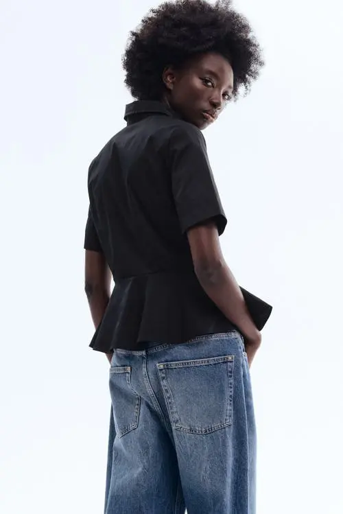 H&m Poplin Peplum Shirt With Classic Collar And Short Sleeves
